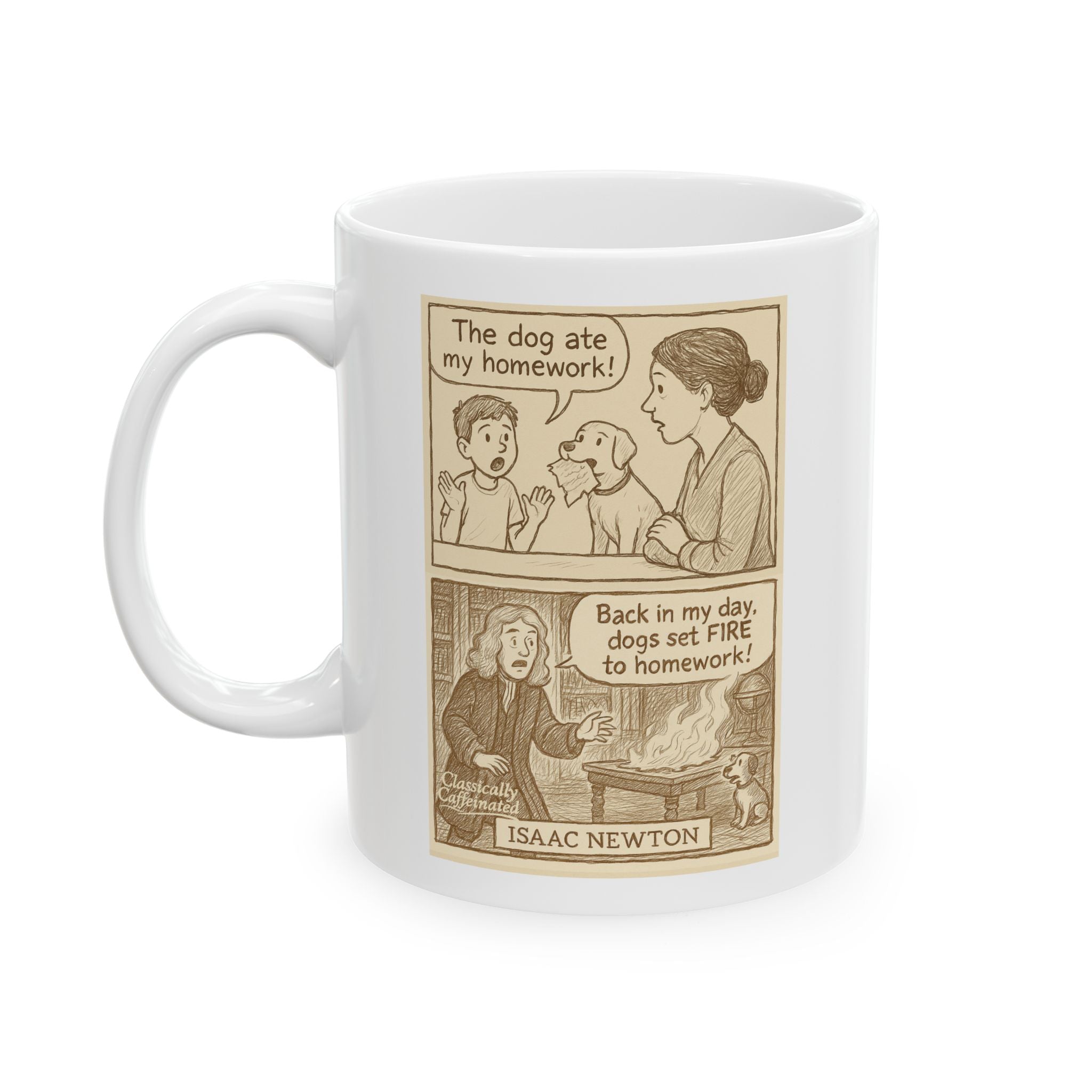 Isaac Newton – “Dog Ate My Homework” Mug – Classically Caffeinated